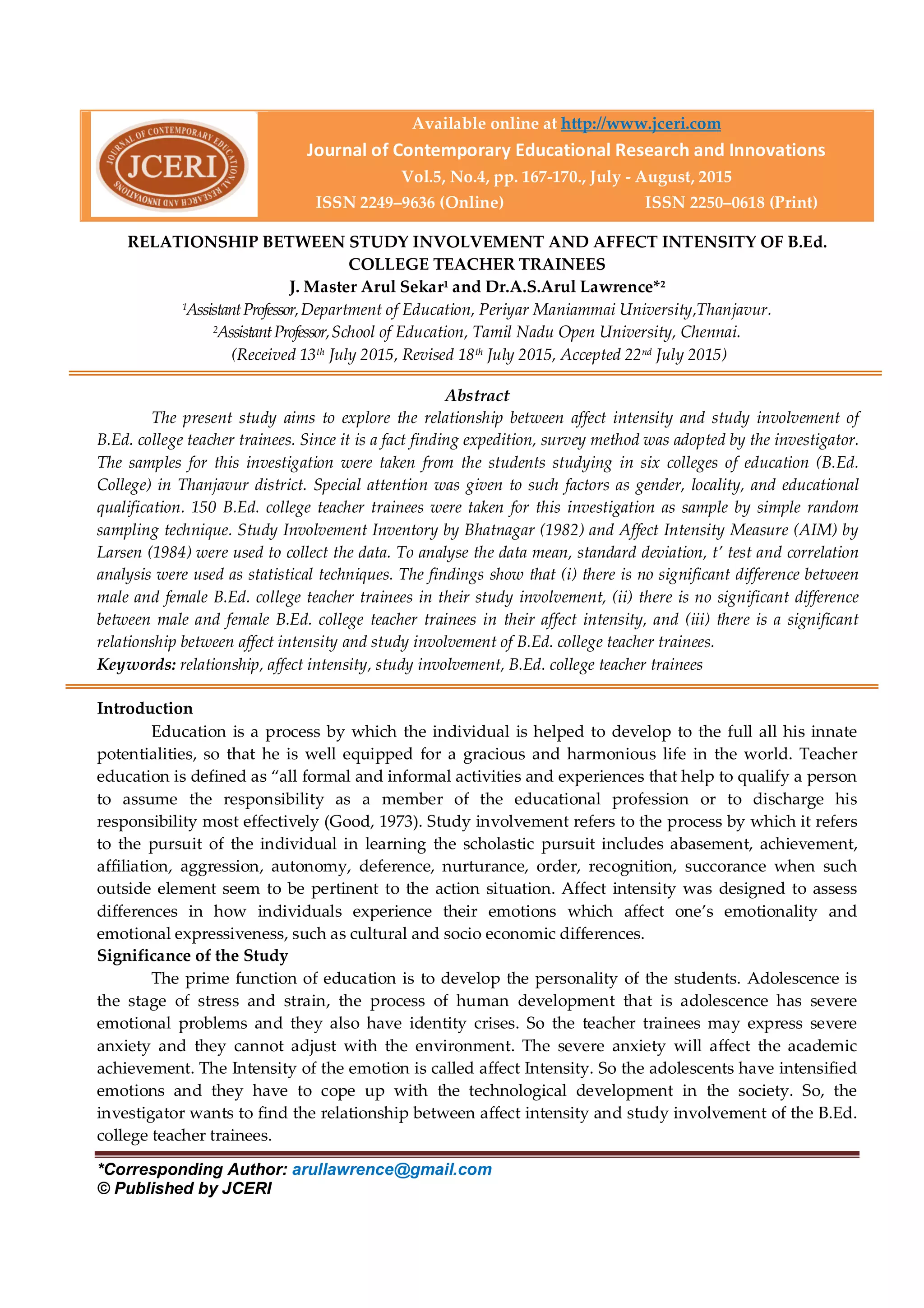 Relationshipbetween study involvement and affect intensity of b.ed ...