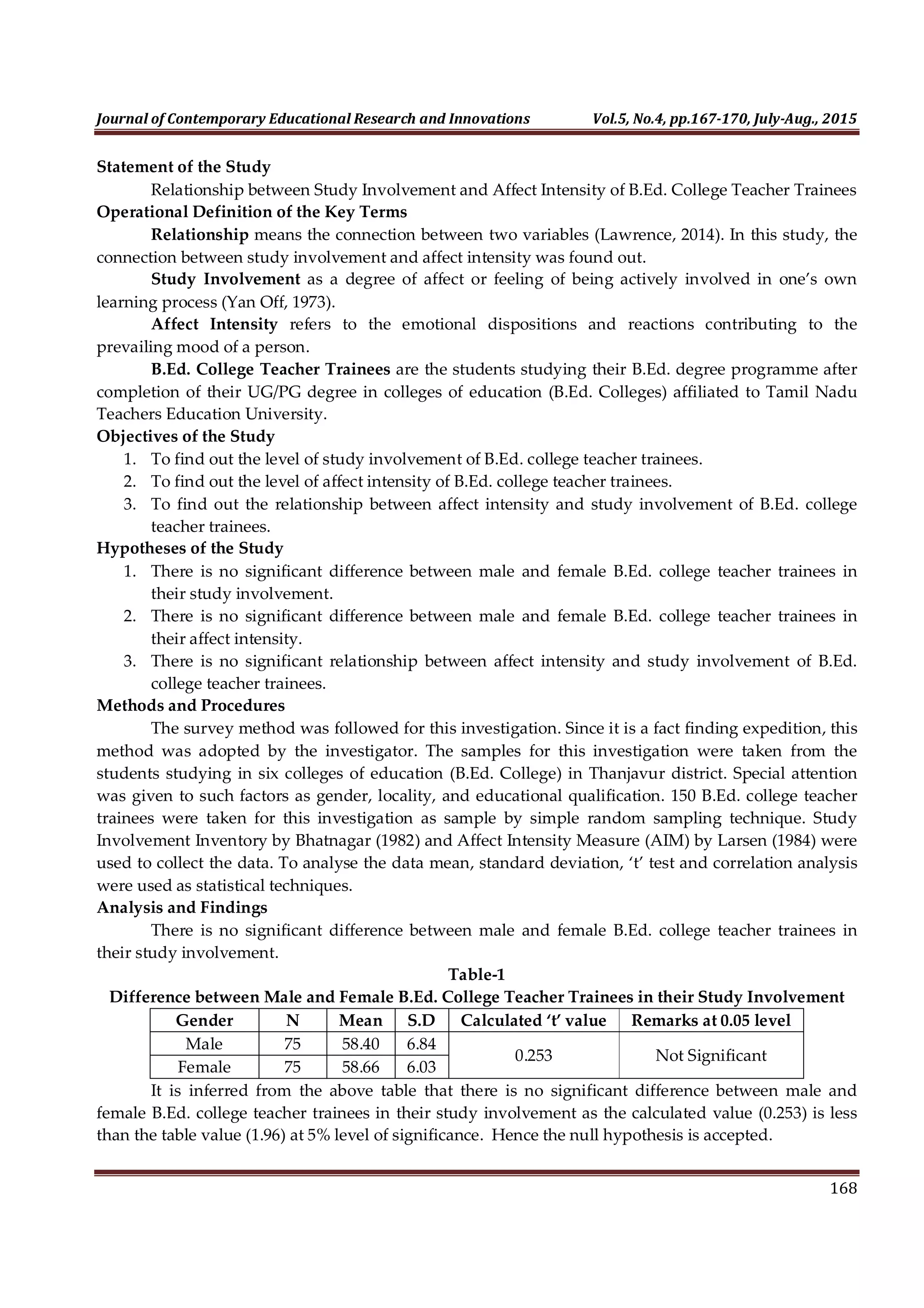 Relationshipbetween study involvement and affect intensity of b.ed ...