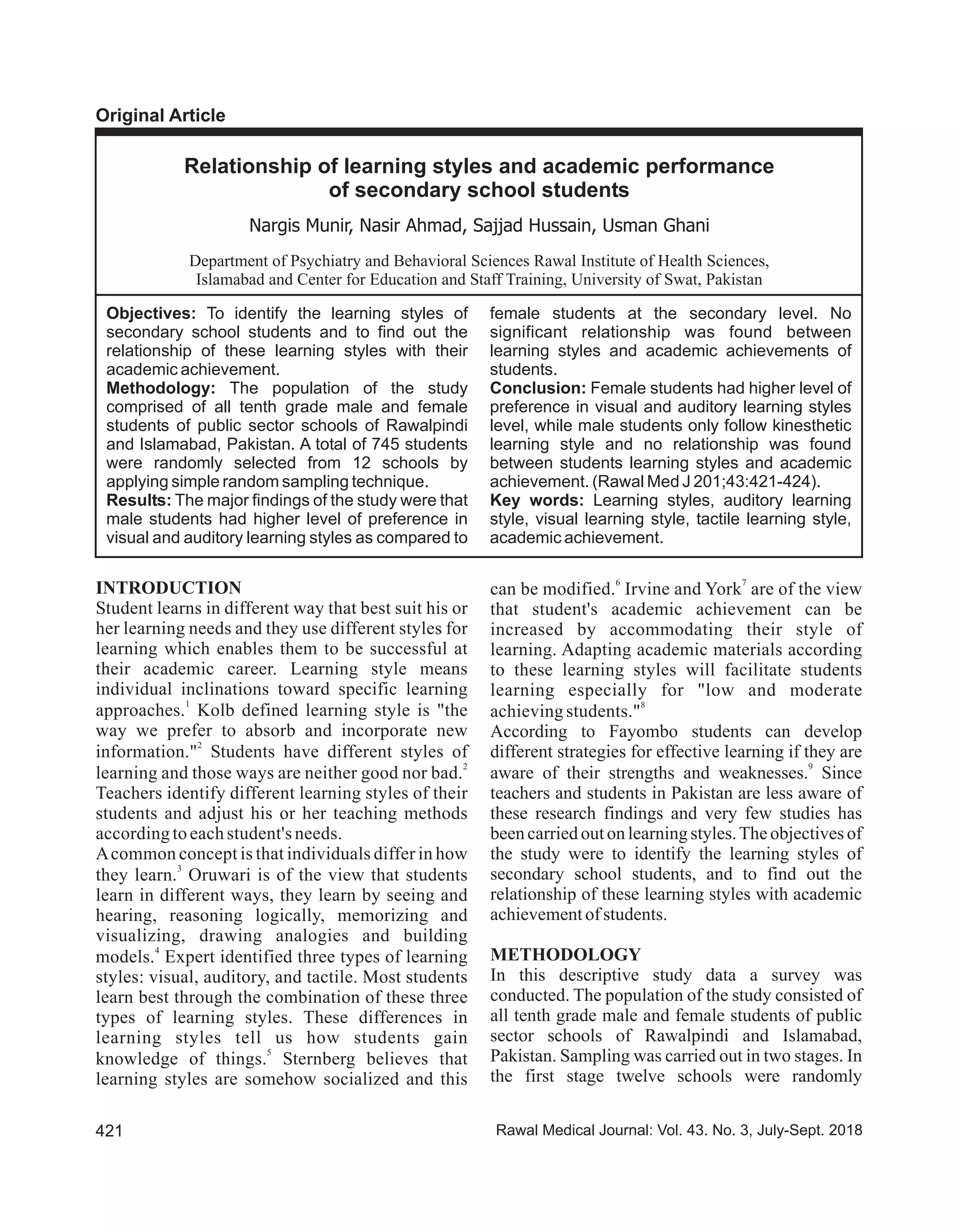 Relationship of learning styles and academic performance of secondary ...