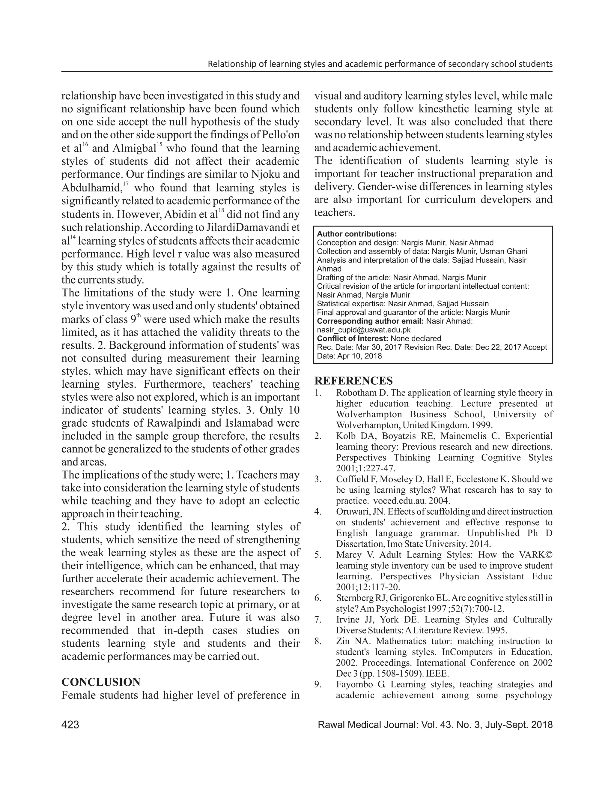 Relationship of learning styles and academic performance of secondary ...