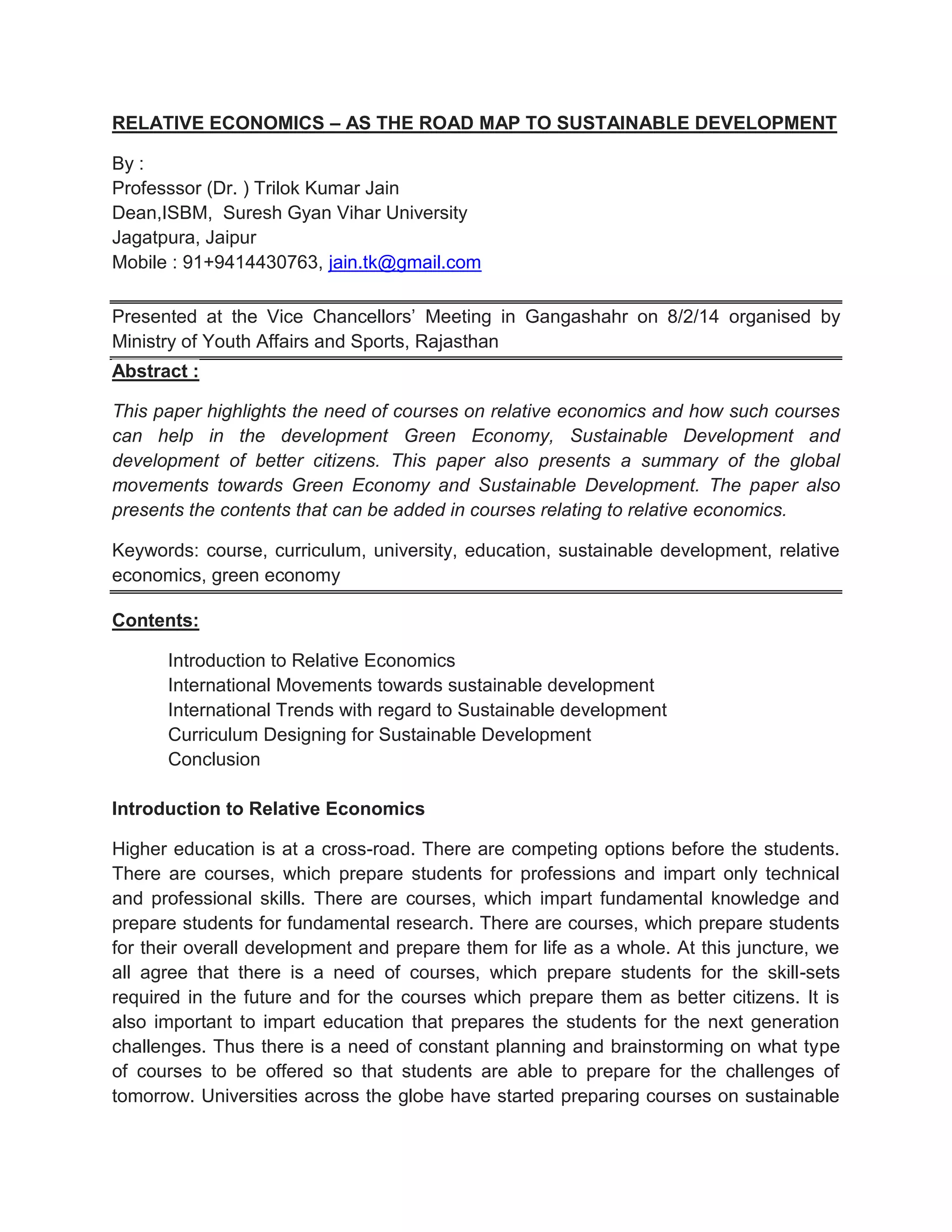 Relative economics – as the road map to sustainable development revised ...