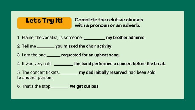 Relative Pronouns and Relative Adverbs Education Presentation in Green ...