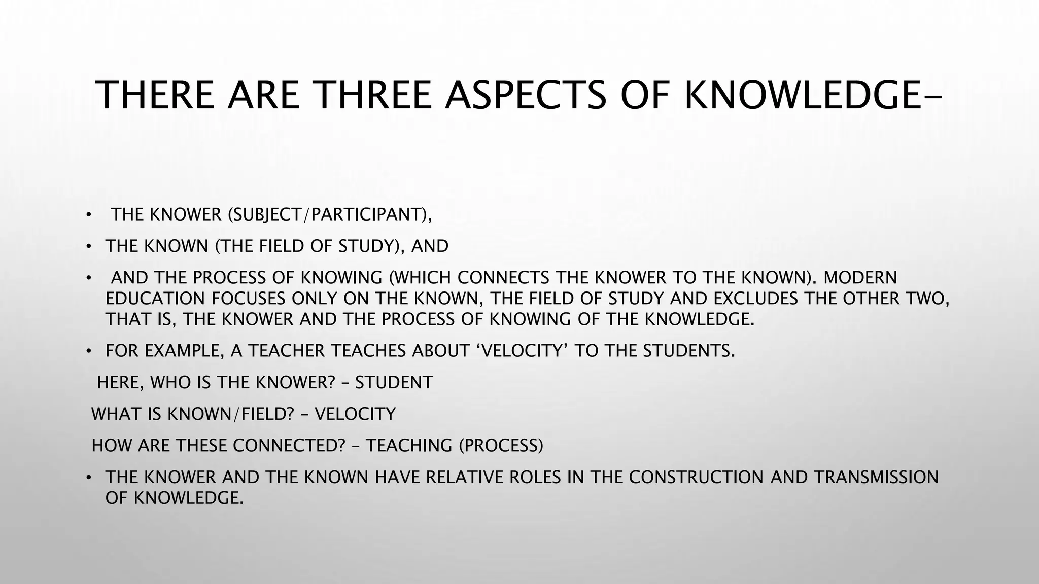 Relative Roles of Knower and the Known in knowledge transmission and ...