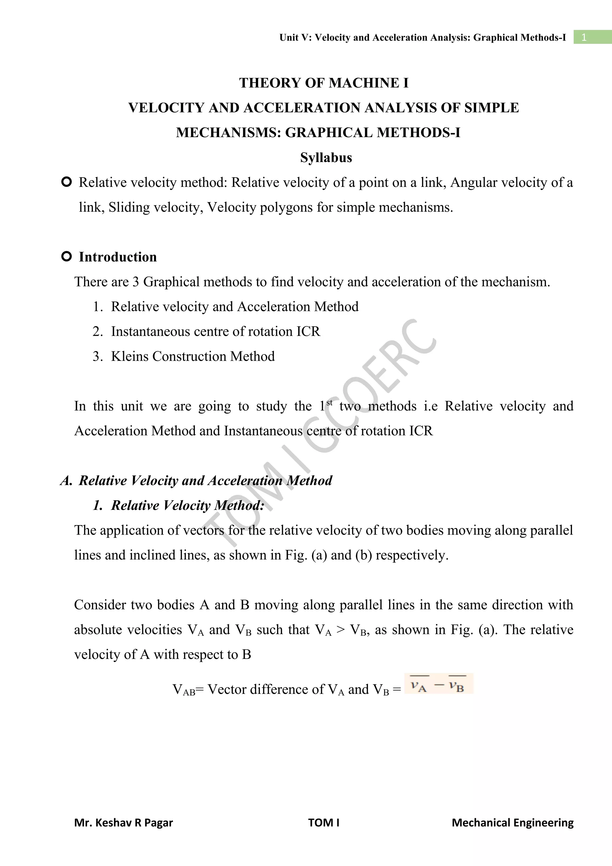 Relative velocity method, velocity & acceleration analysis of mechanism | PDF