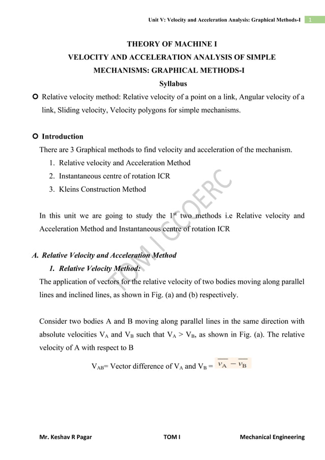 Relative velocity method, velocity & acceleration analysis of mechanism | PDF