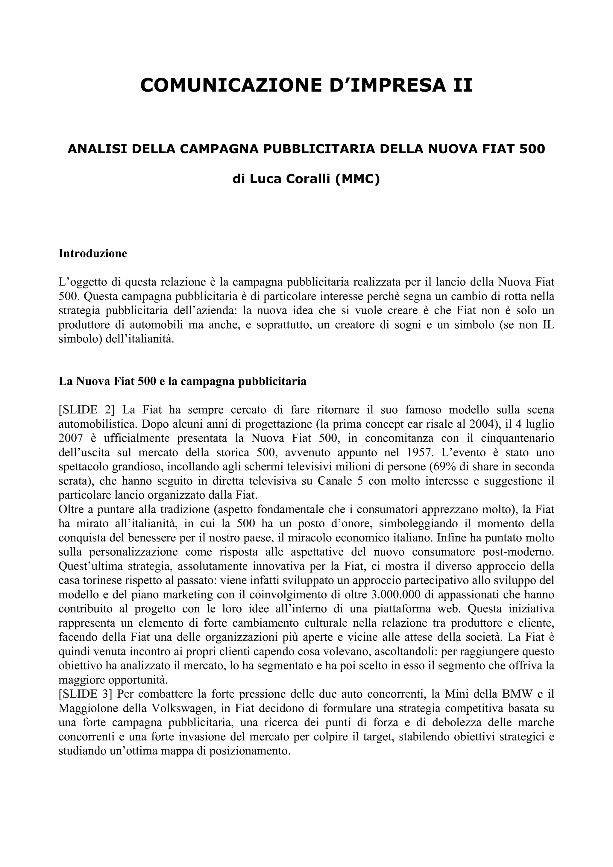 Relazione dell'analisi della campagna pubblicitaria della nuova Fiat ...