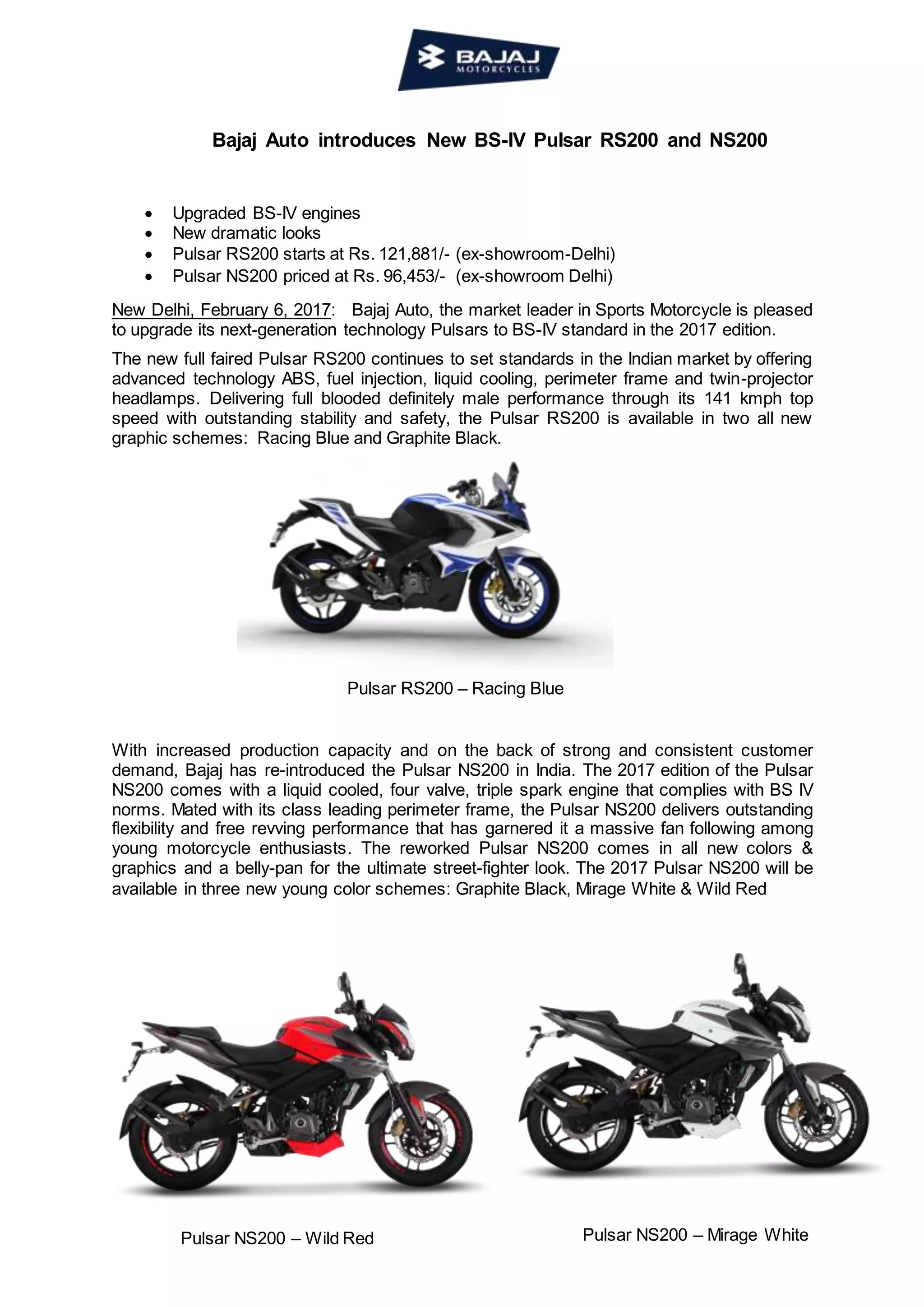 Bajaj Pulsar NS200, RS200 BSIV Launch - Press Release | DOCX