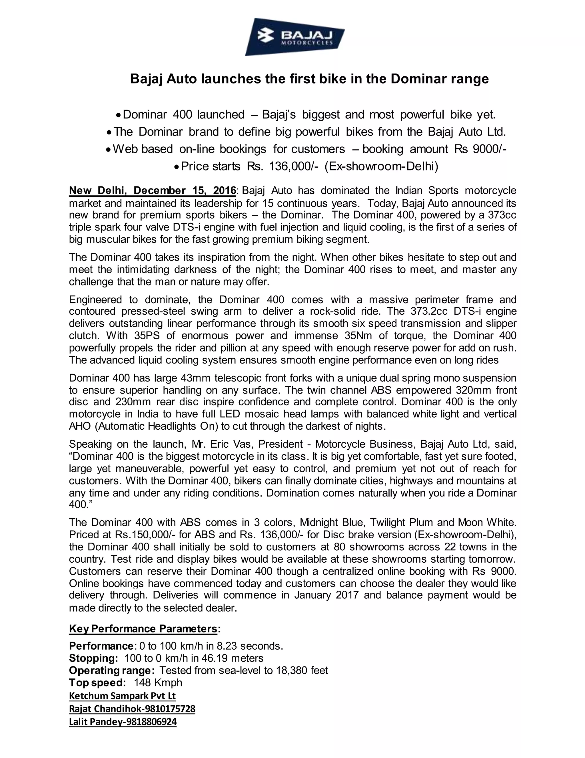Bajaj Dominar 400 Press Release | DOCX