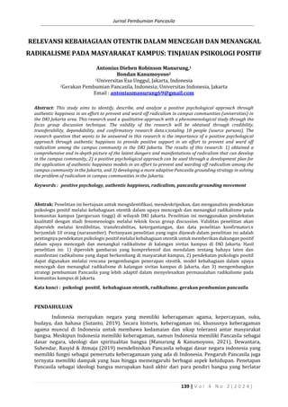 Relevansi Kebahagiaan Otentik dalam Mencegah dan Menangkal Radikalisme pada Masyarakat Kampus | PDF