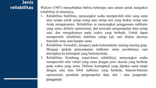 Reliabilitas : pengembangan instrumen standar | PPTX