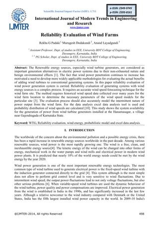 Reliability Evaluation of Wind Farms | PDF