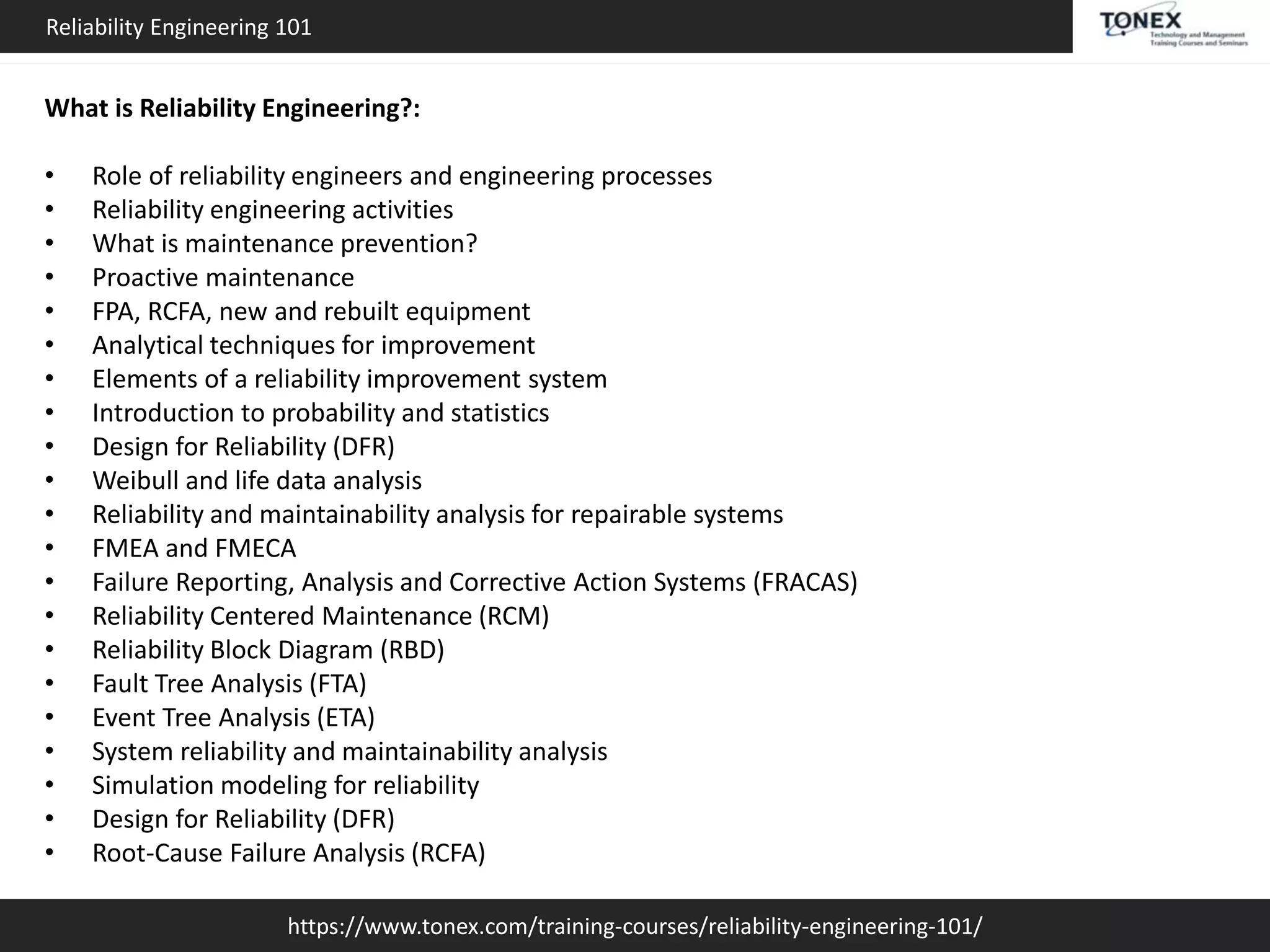 Reliability Engineering 101 : Tonex Training | PPT
