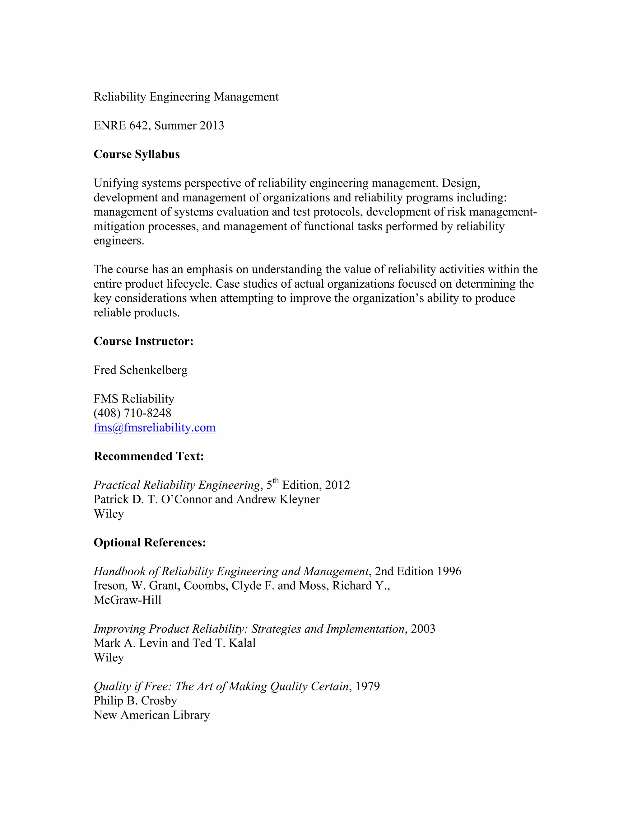 Reliability engineering management syllabus | PDF | Educational Assessment | Education