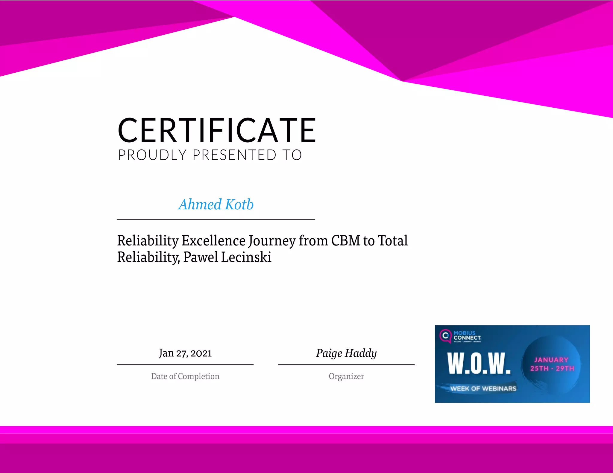 Certificate of Attendance "Reliability excellence journey from CBM to ...