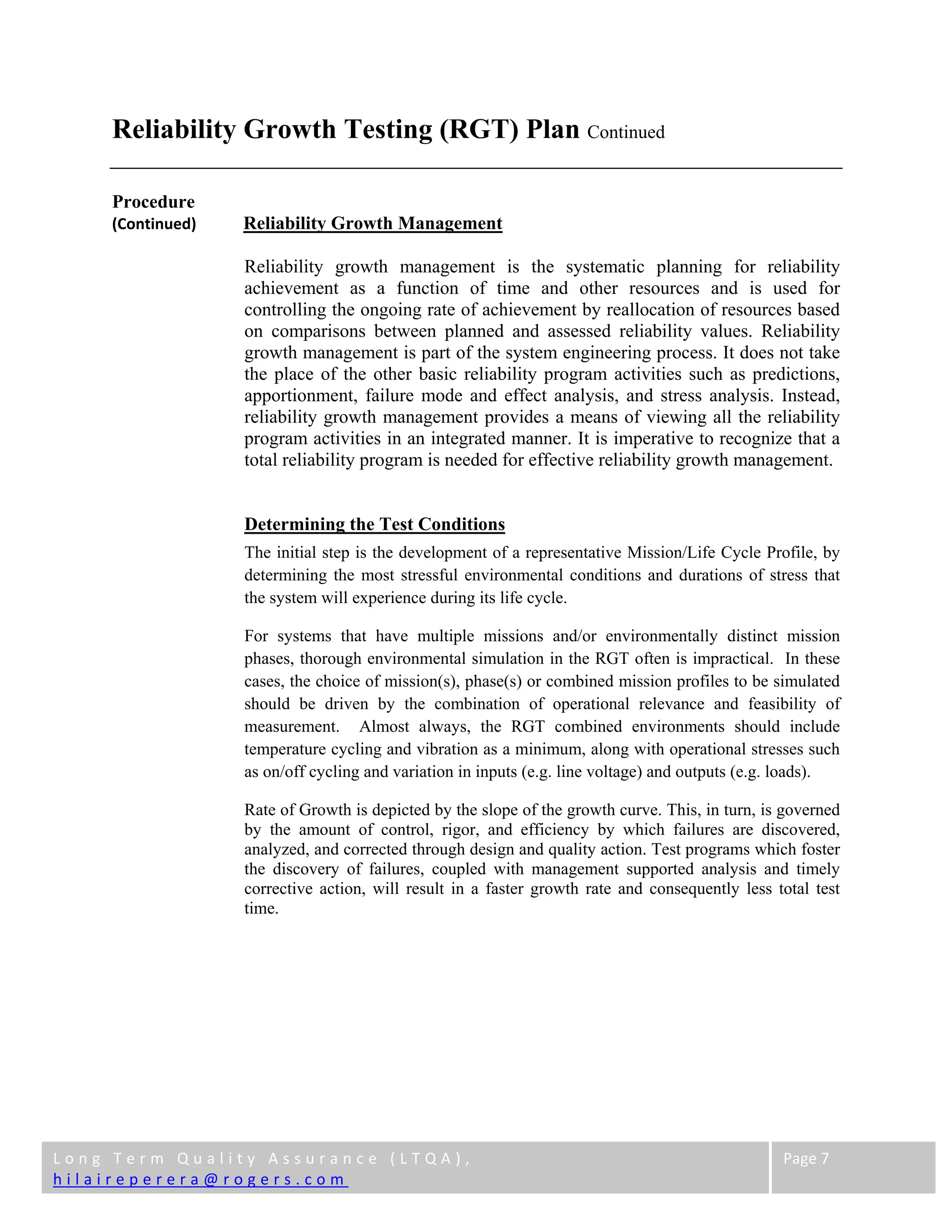 Reliability Growth Testing (RGT) Plan | PDF