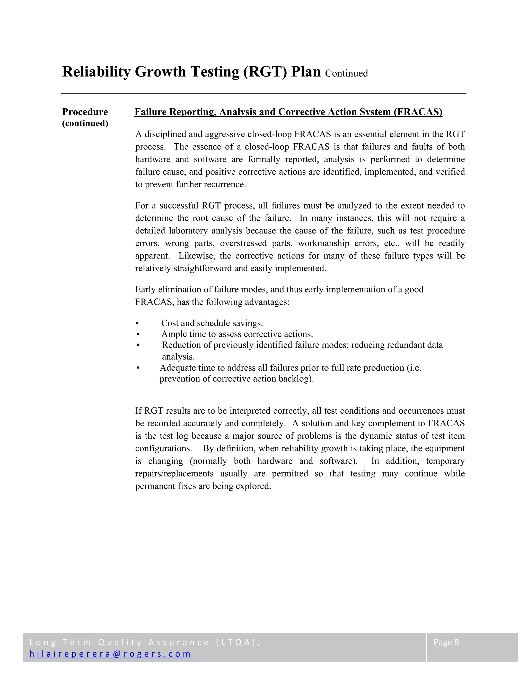 Reliability Growth Testing (RGT) Plan | PDF