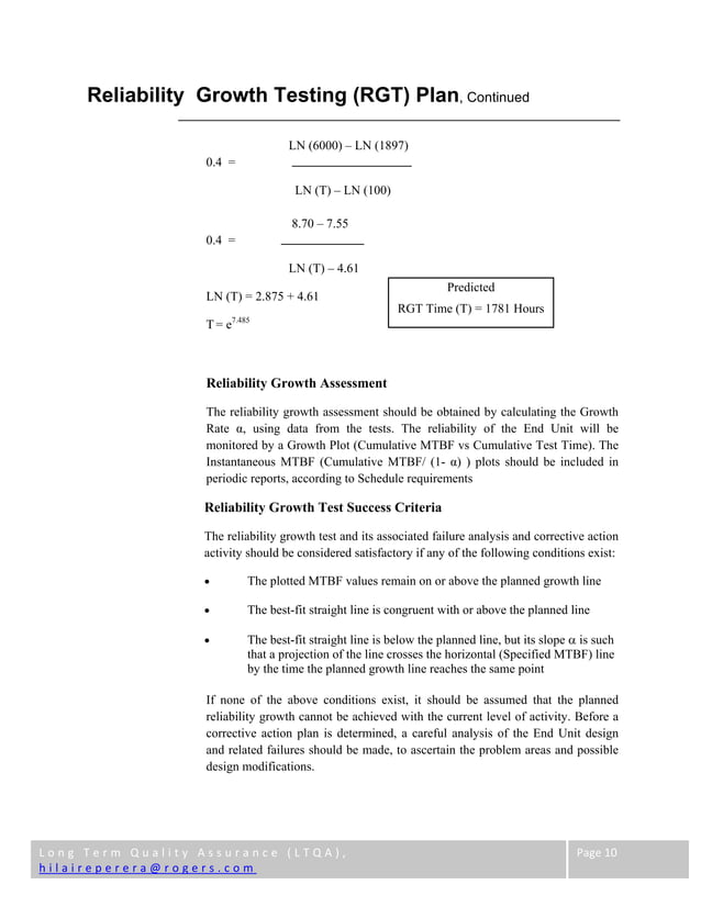 Reliability Growth Testing (RGT) Plan | PDF