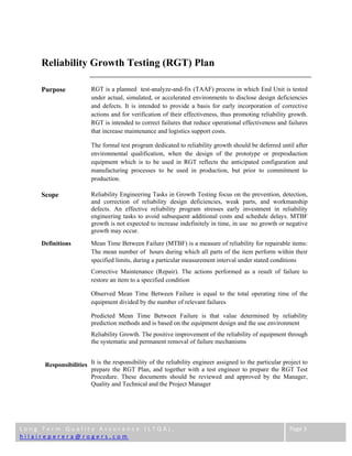 Reliability Growth Testing (RGT) Plan | PDF