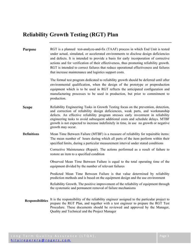 Reliability Growth Testing (RGT) Plan | PDF | Technology & Computing