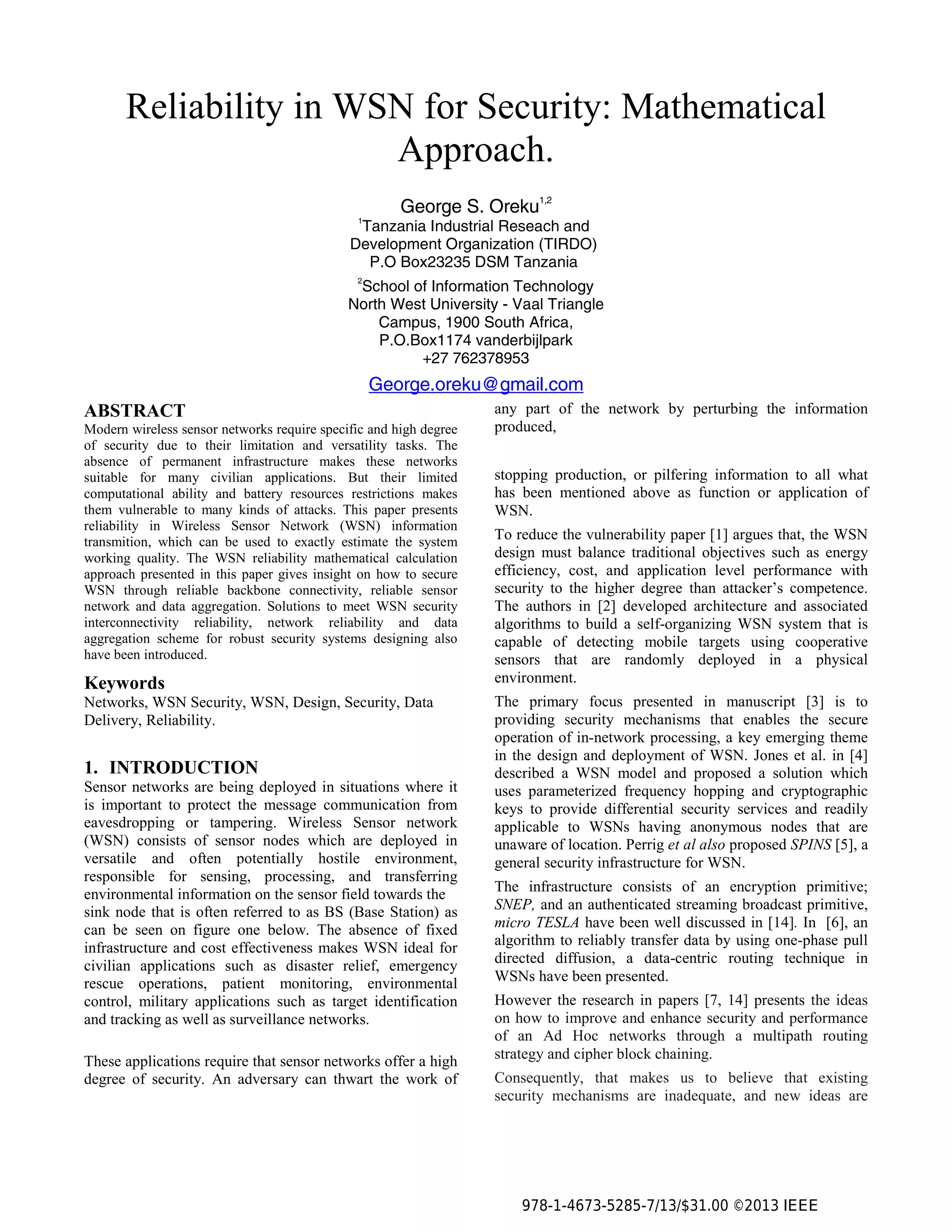 Reliability in wsn for security | PDF