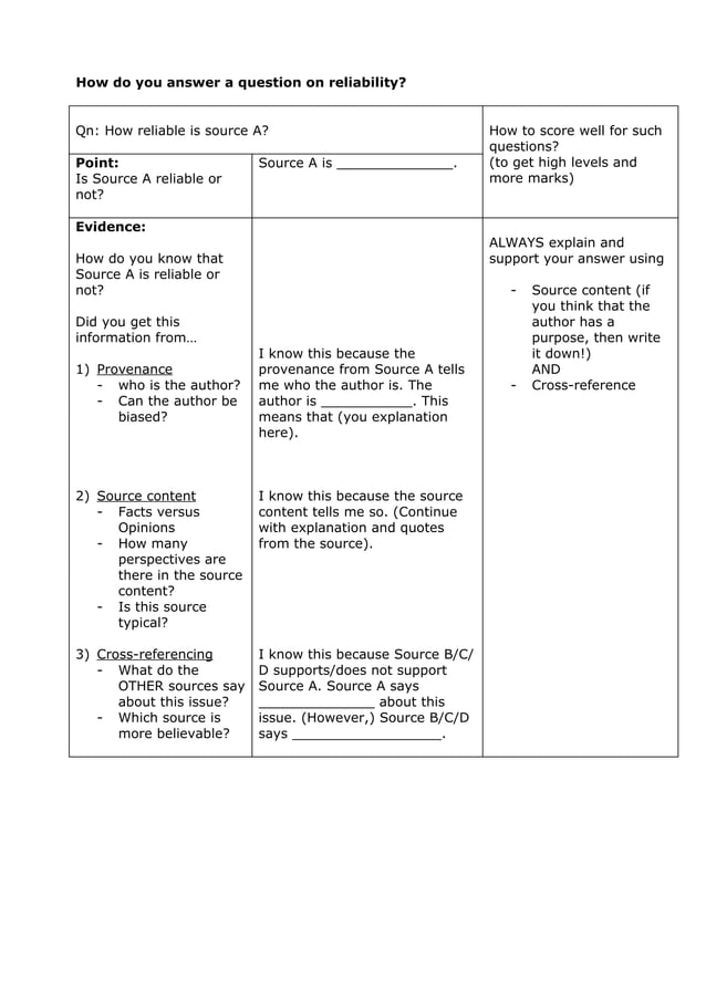 Sec 3 Social Studies SBQ Skill: Reliability notes | DOC | Educational ...