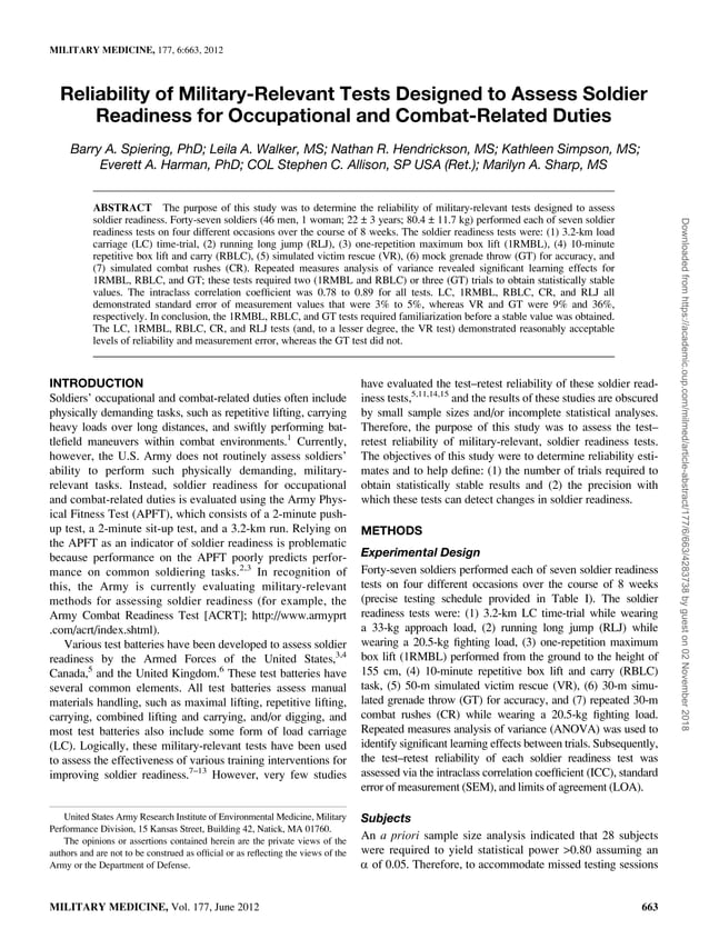 Reliability of Military Tests to Assess Soldier Readiness by MOS ...
