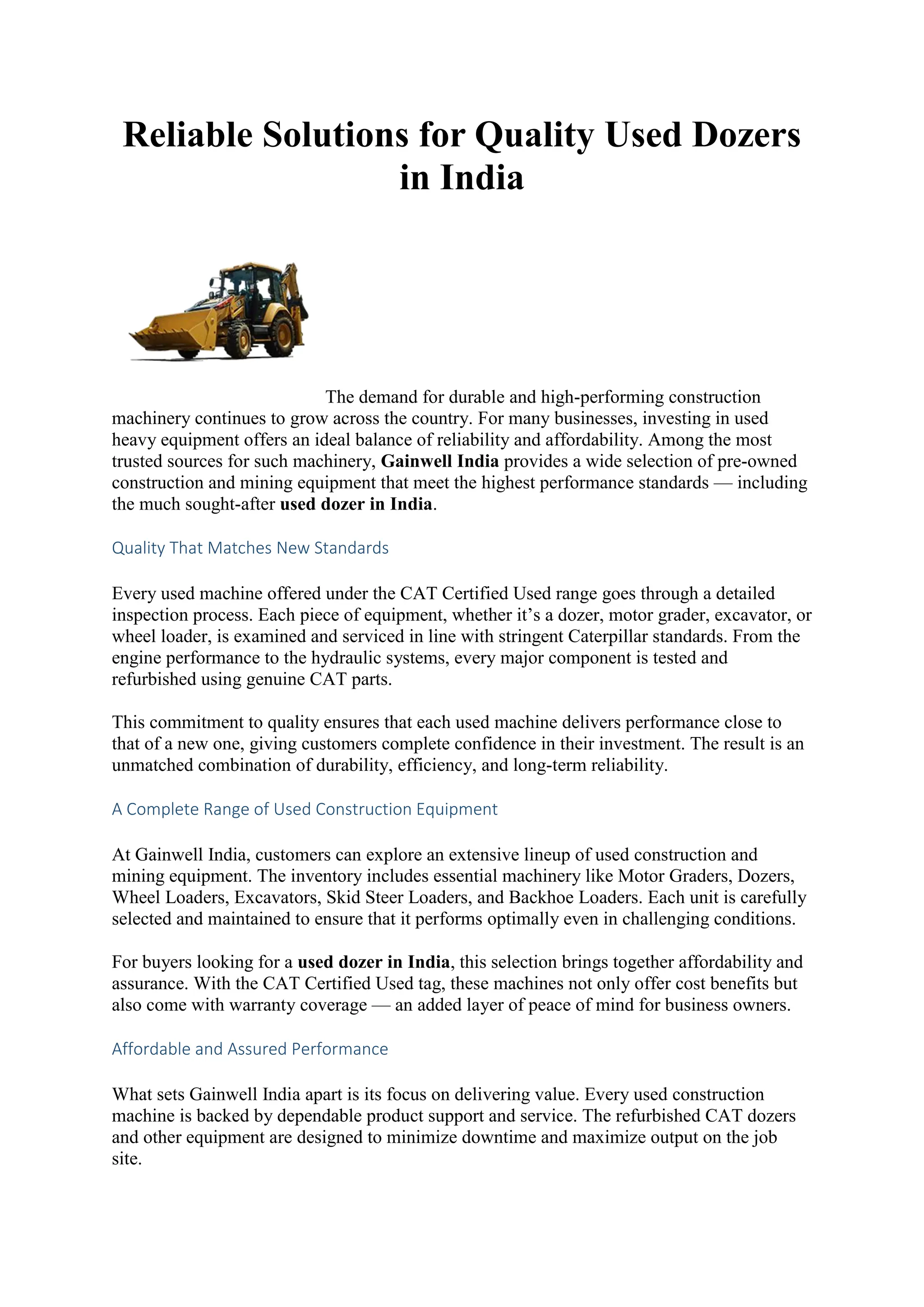 Reliable Solutions for Quality Used Dozers in India. | PDF