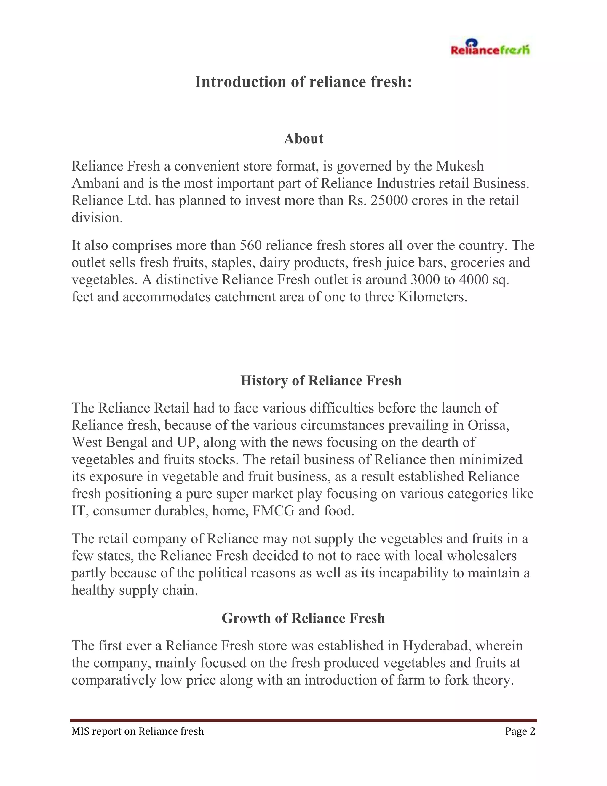 Reliance fresh MIS ppt | DOCX