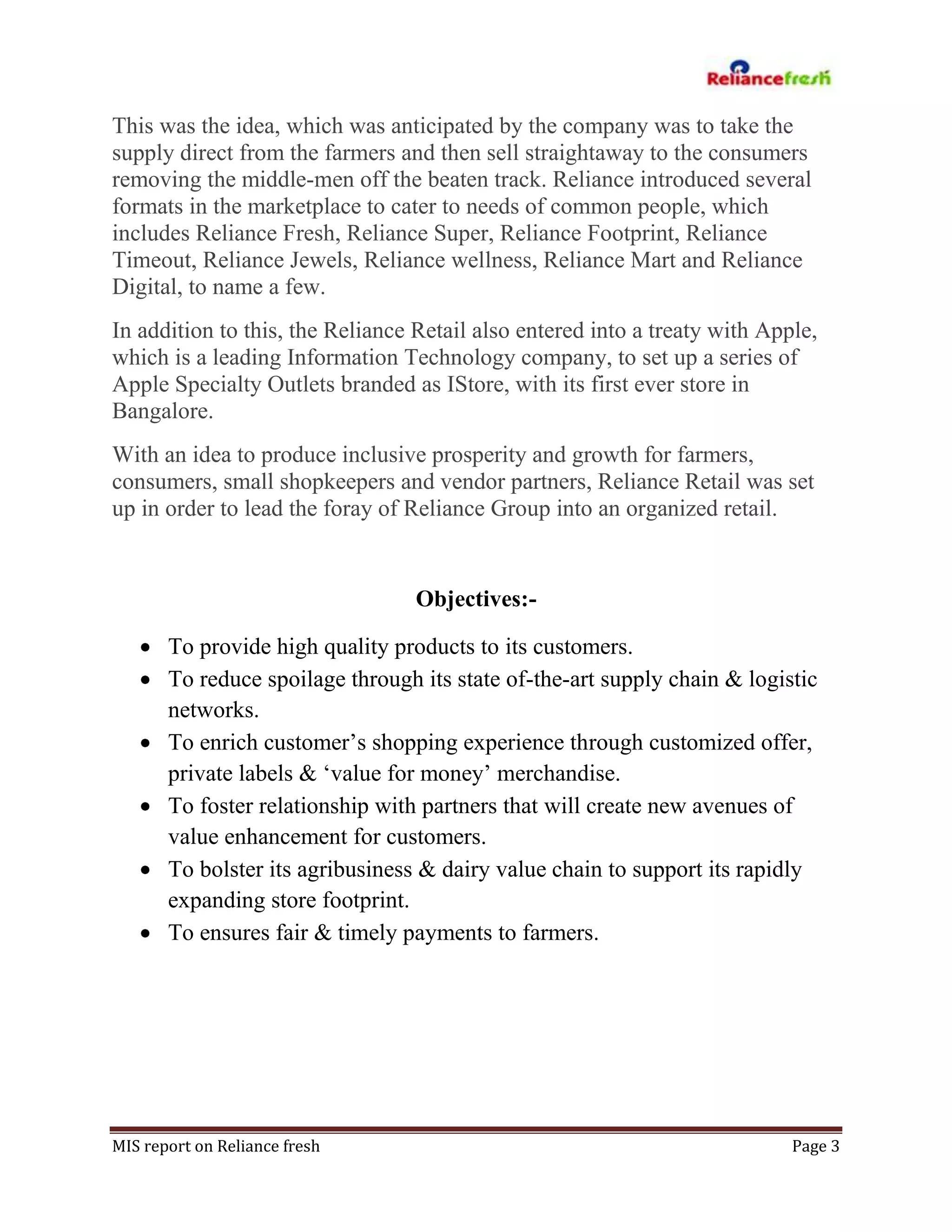 Reliance fresh MIS ppt | DOCX