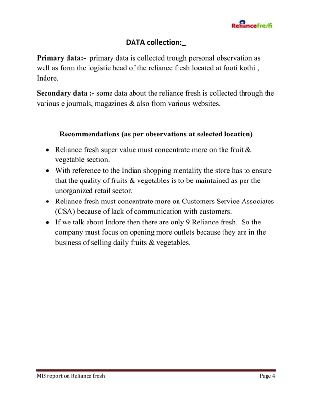 Reliance fresh MIS ppt | DOCX
