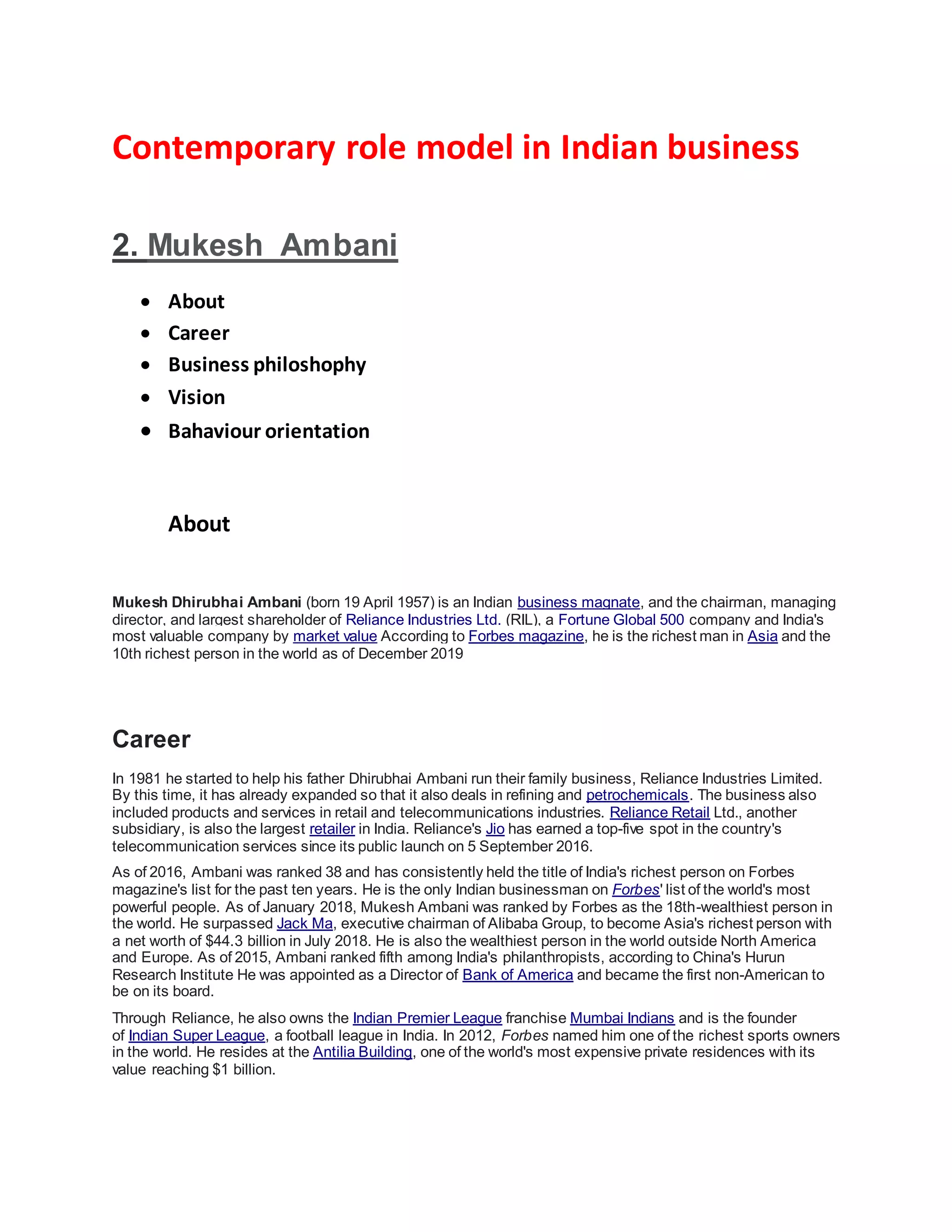 Reliance ceo mukesh ambani | DOCX