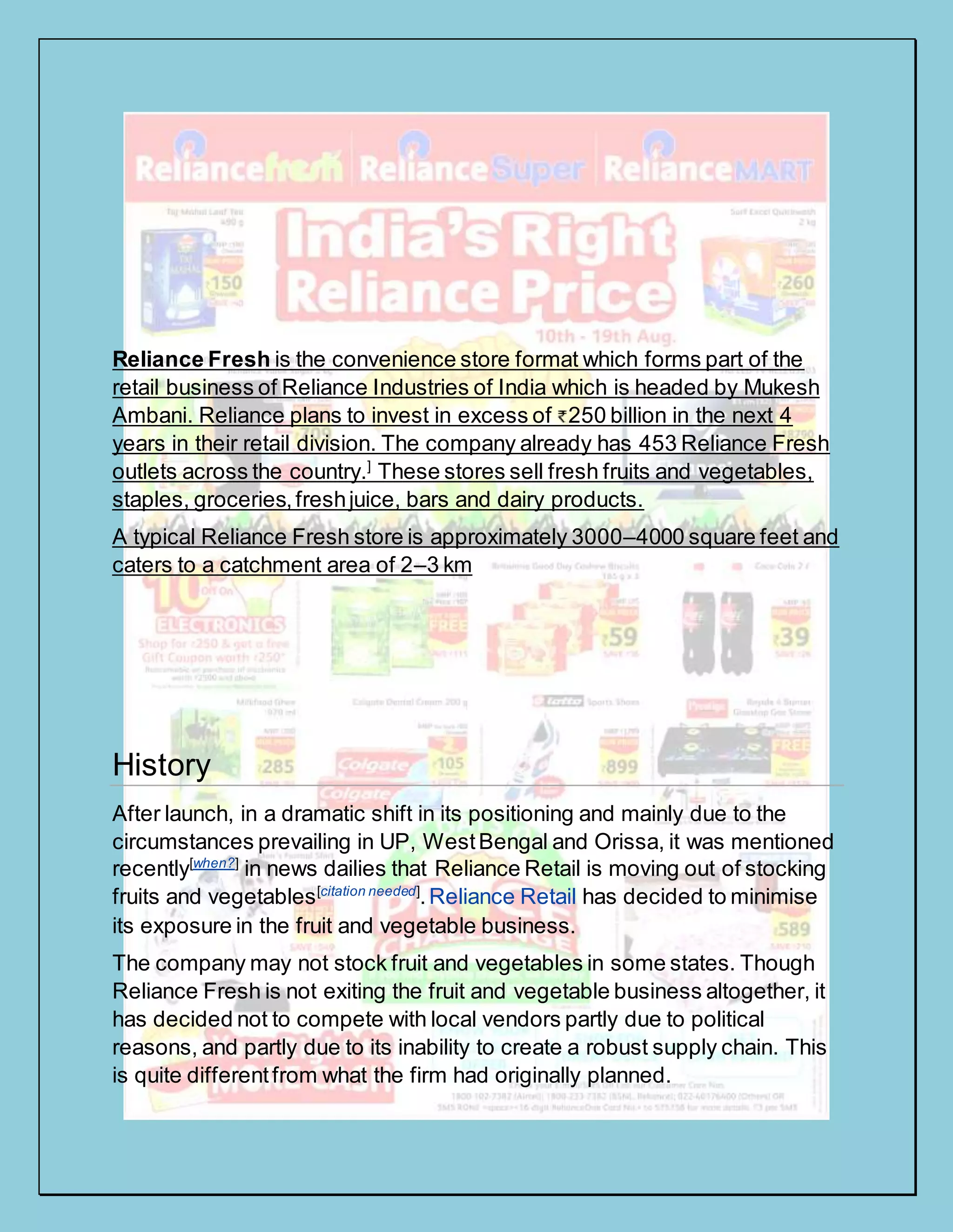 Reliance fresh | DOCX