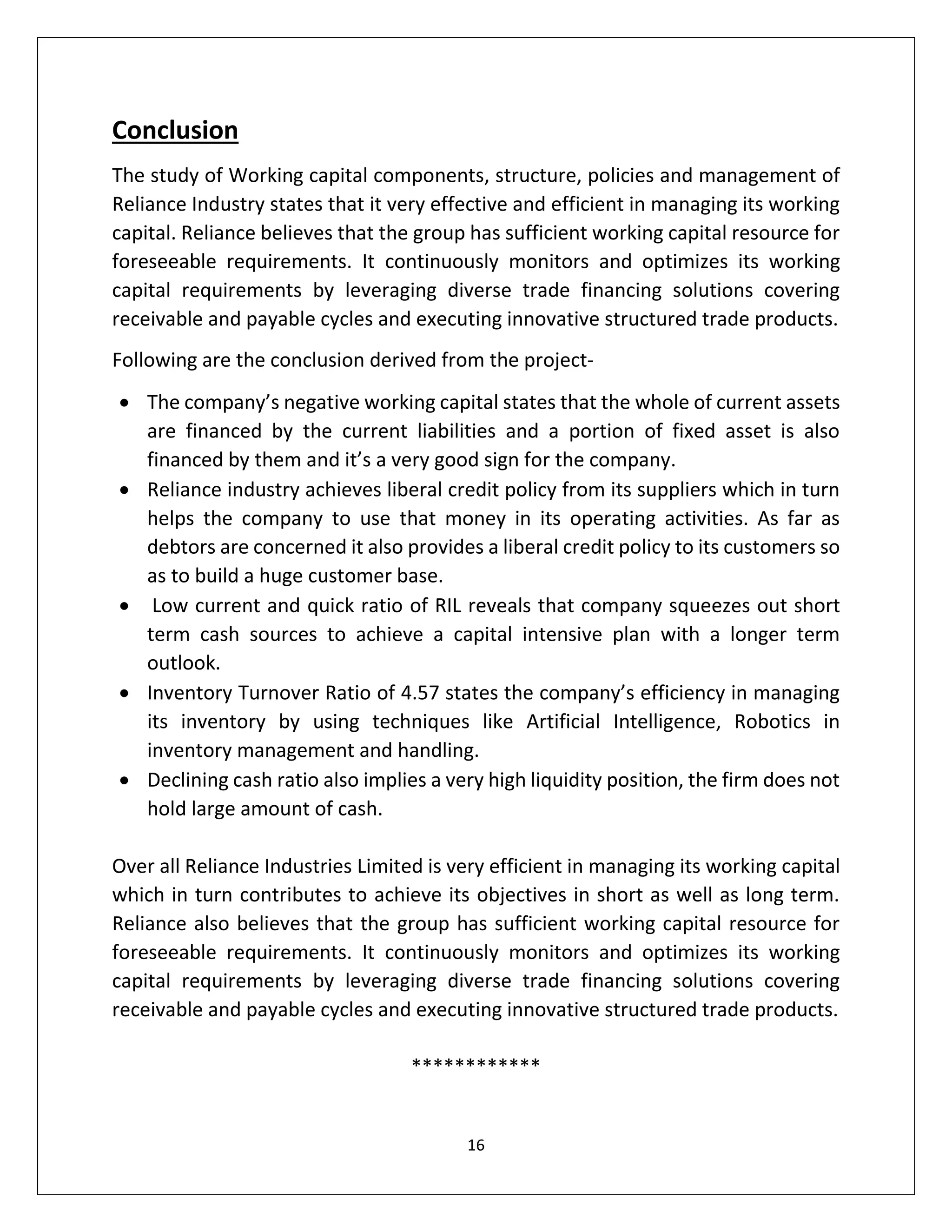 Reliance industries working capital project | PDF