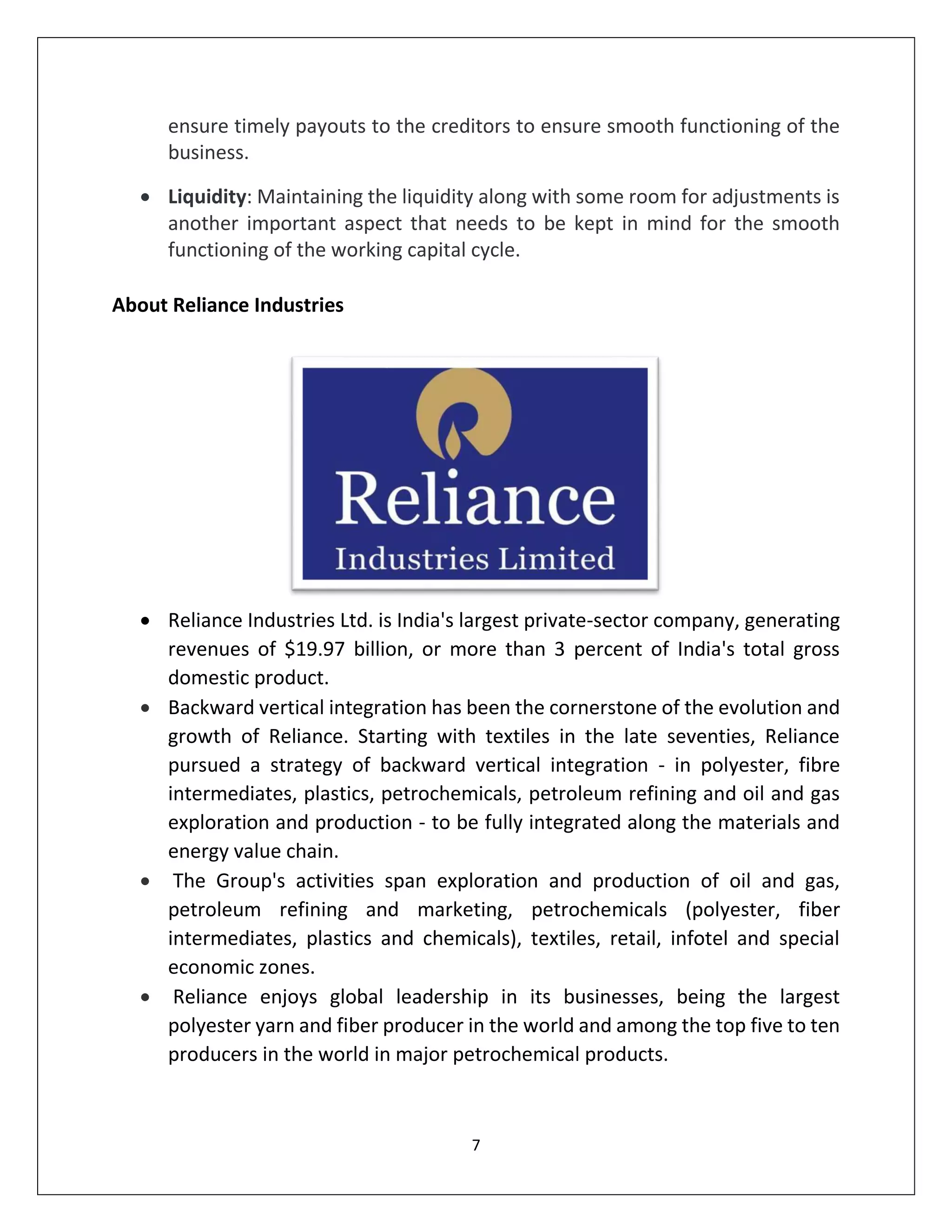 Reliance industries working capital project | PDF