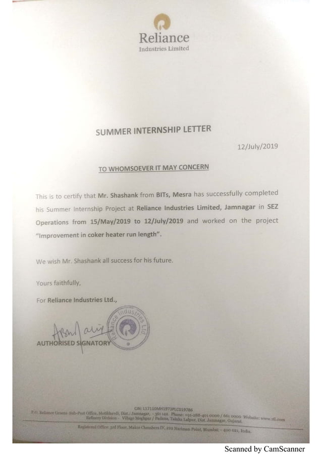 Reliance internship certificate | PDF