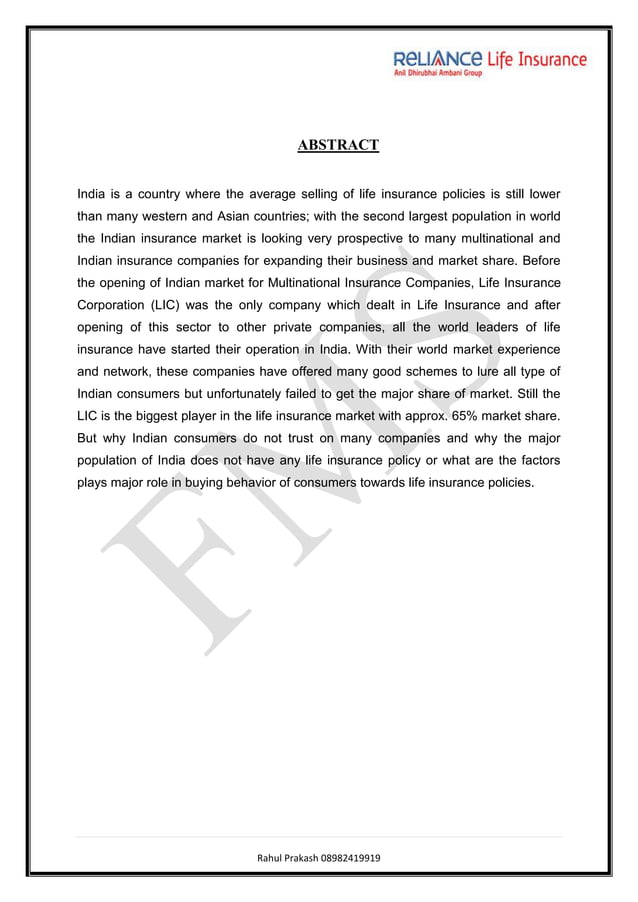 Reliance life insurance project | PDF | Life Insurance | Insurance