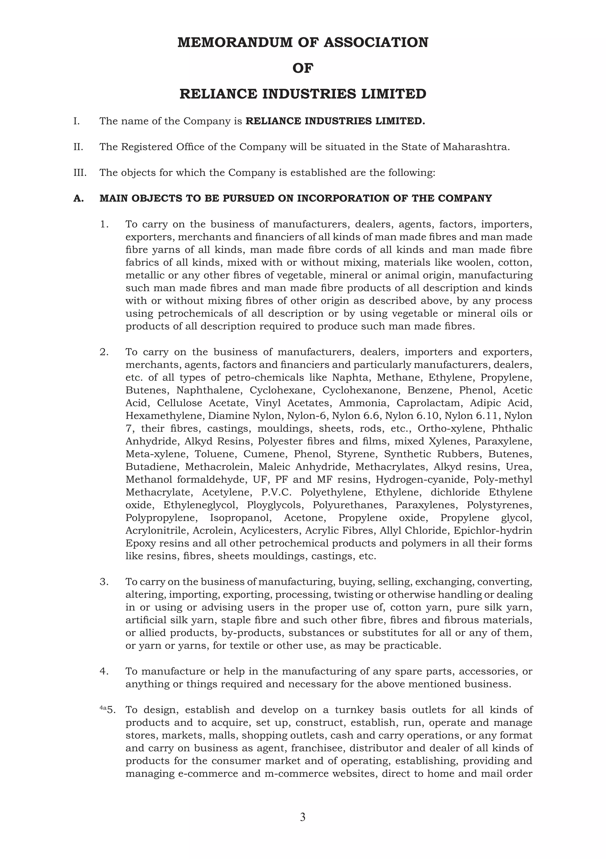 Reliance memorandum of association | PDF