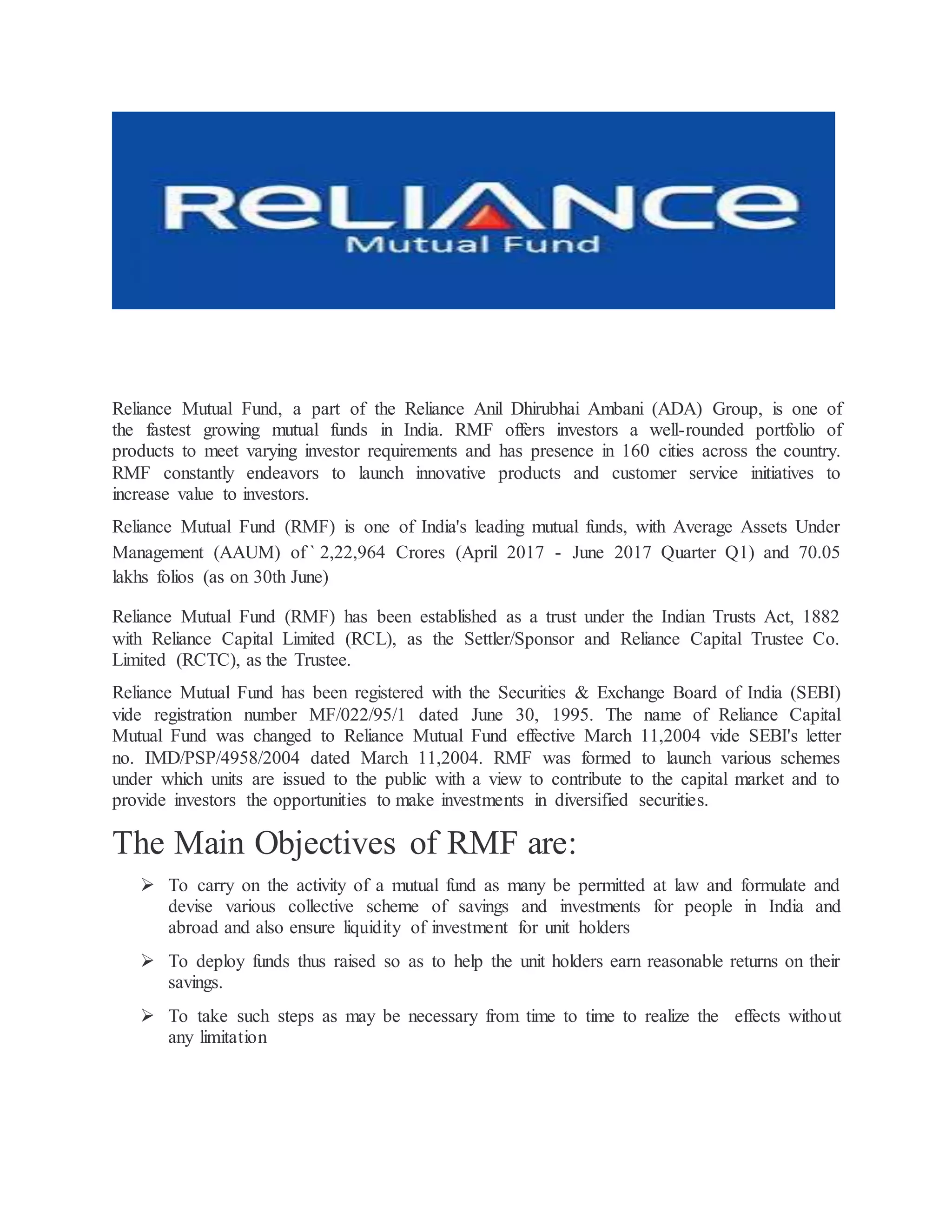 Reliance Mutual Fund | DOCX | Mutual Funds | Personal Investing