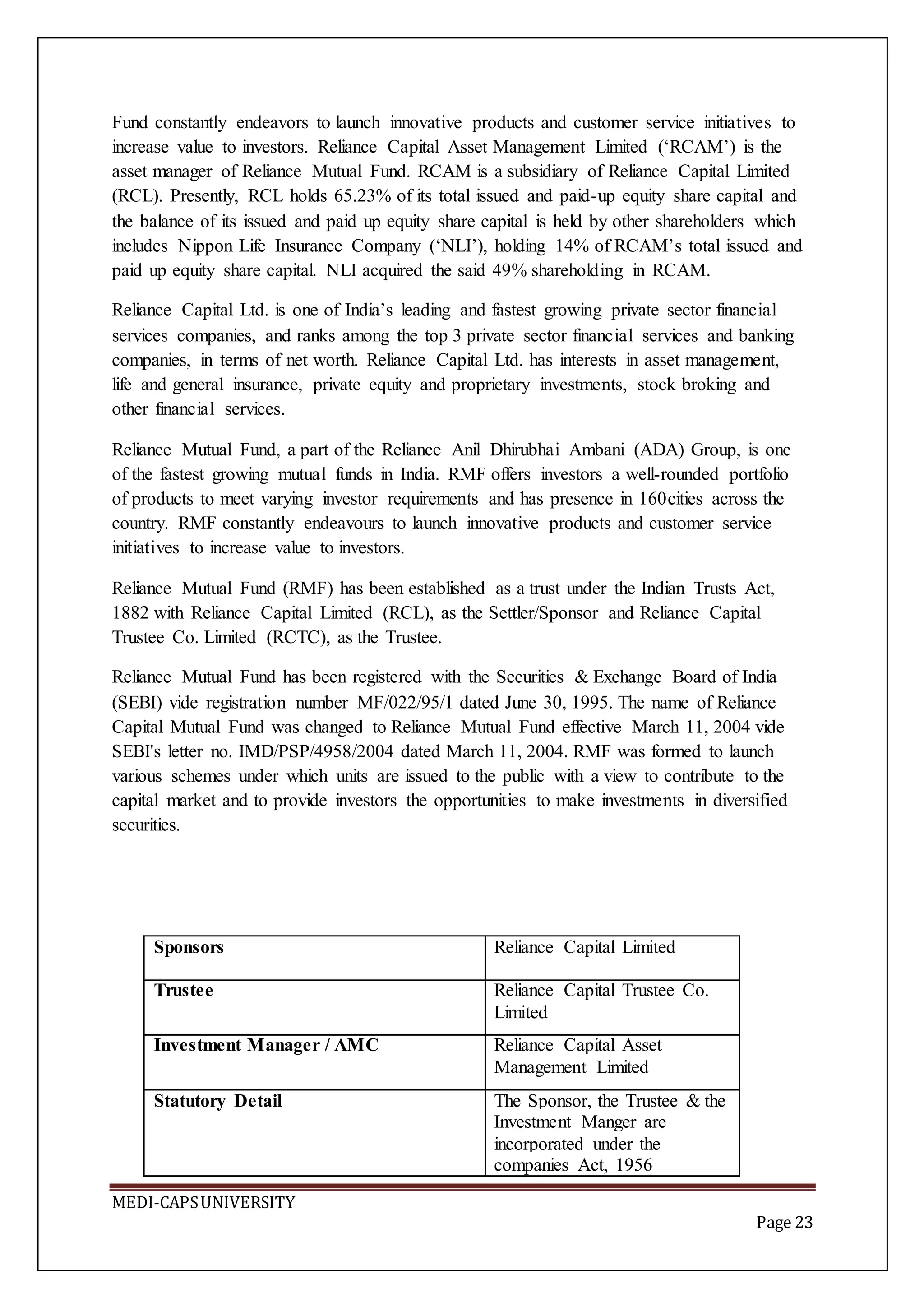 Reliance mutual fund intrenship report | DOCX