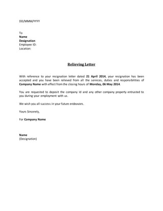 Relieving letter fill | DOCX