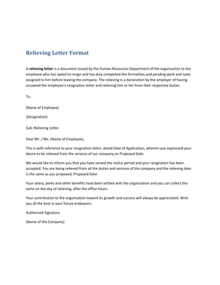 Relieving Letter Format | DOC