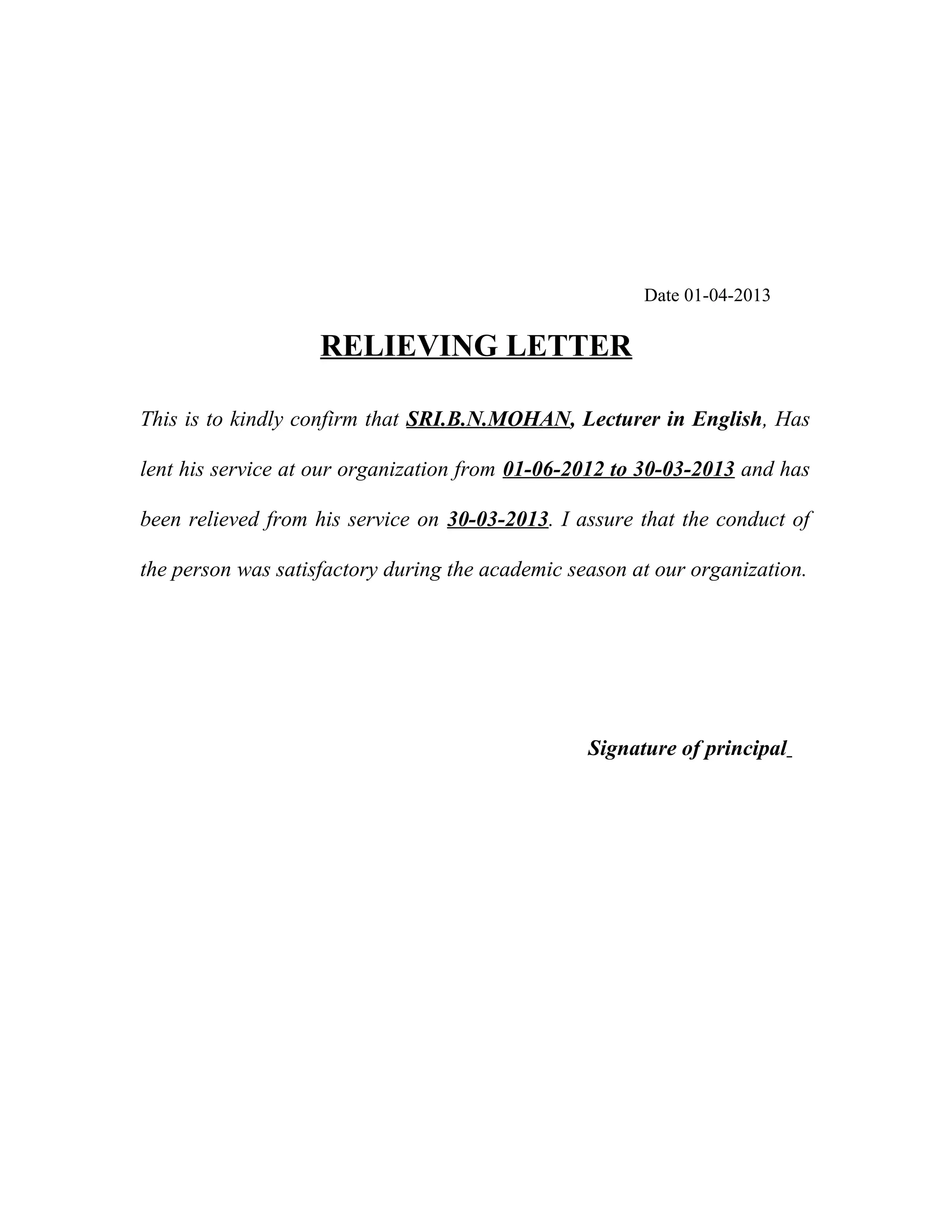 Relieving letters and format | DOC