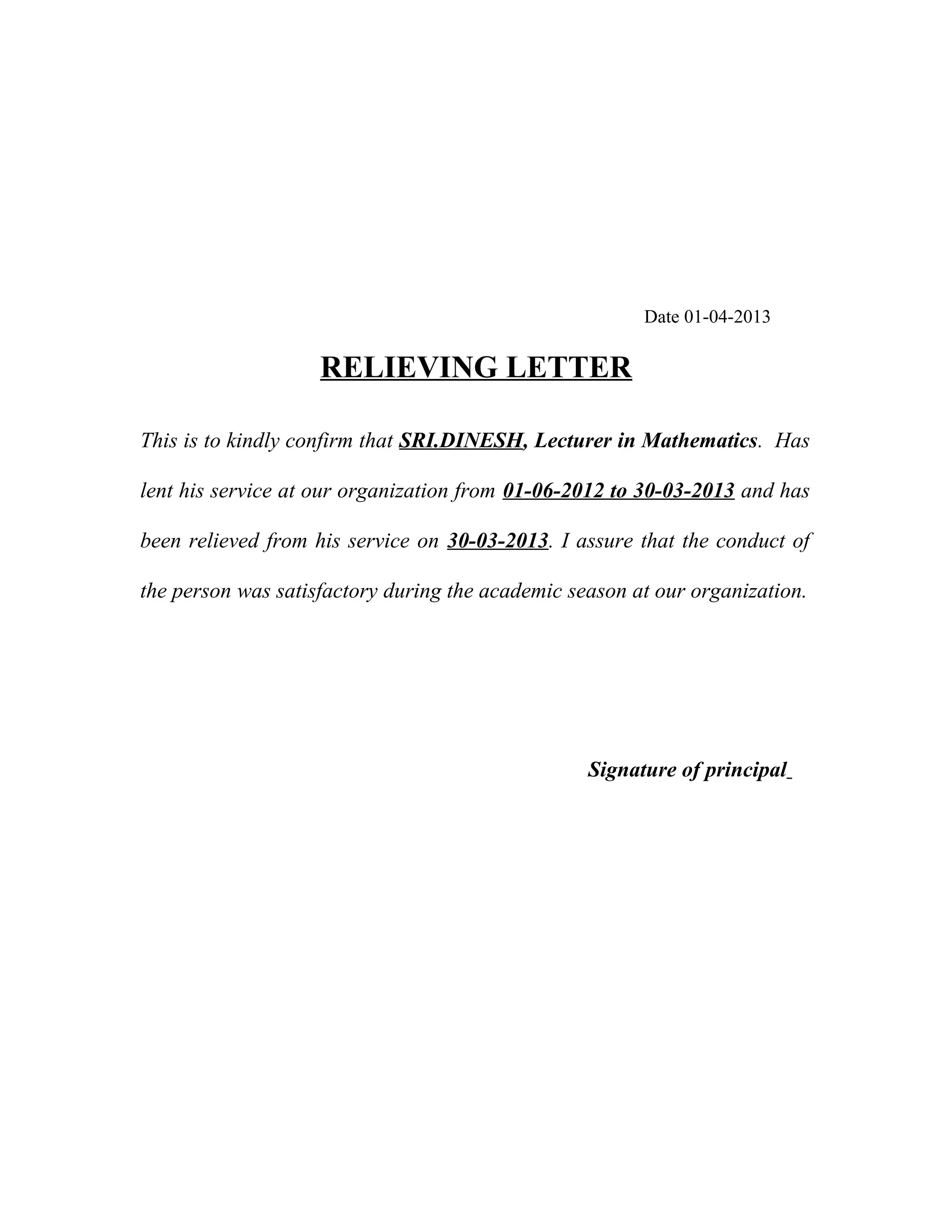 Relieving letters and format | DOC
