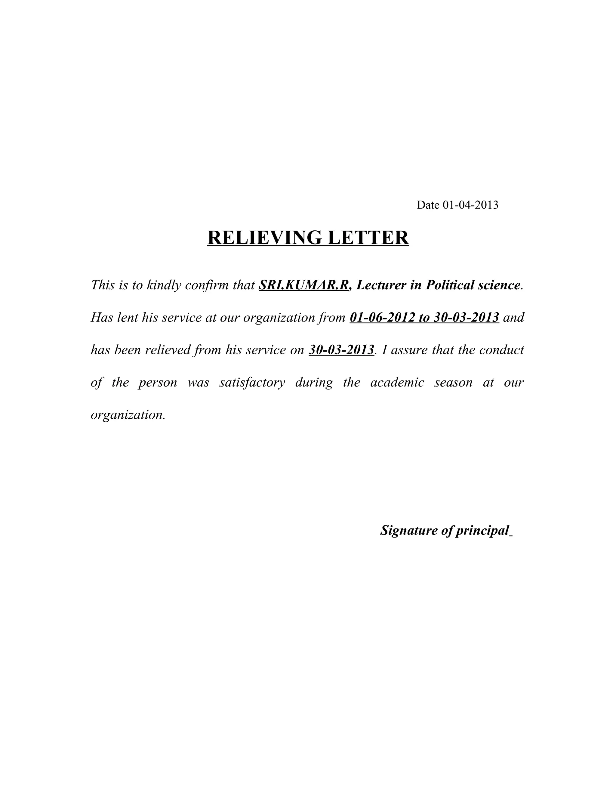 Relieving letters and format | DOC