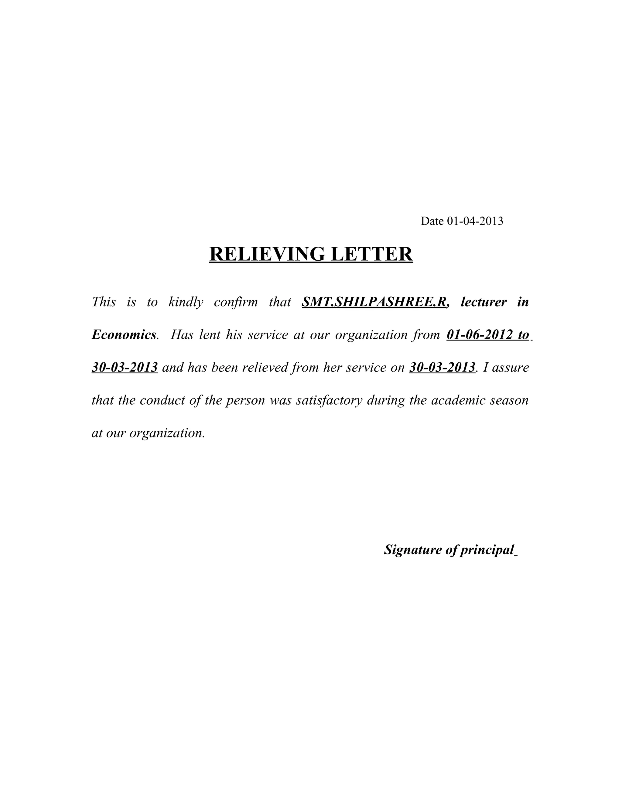 Relieving letters and format | DOC