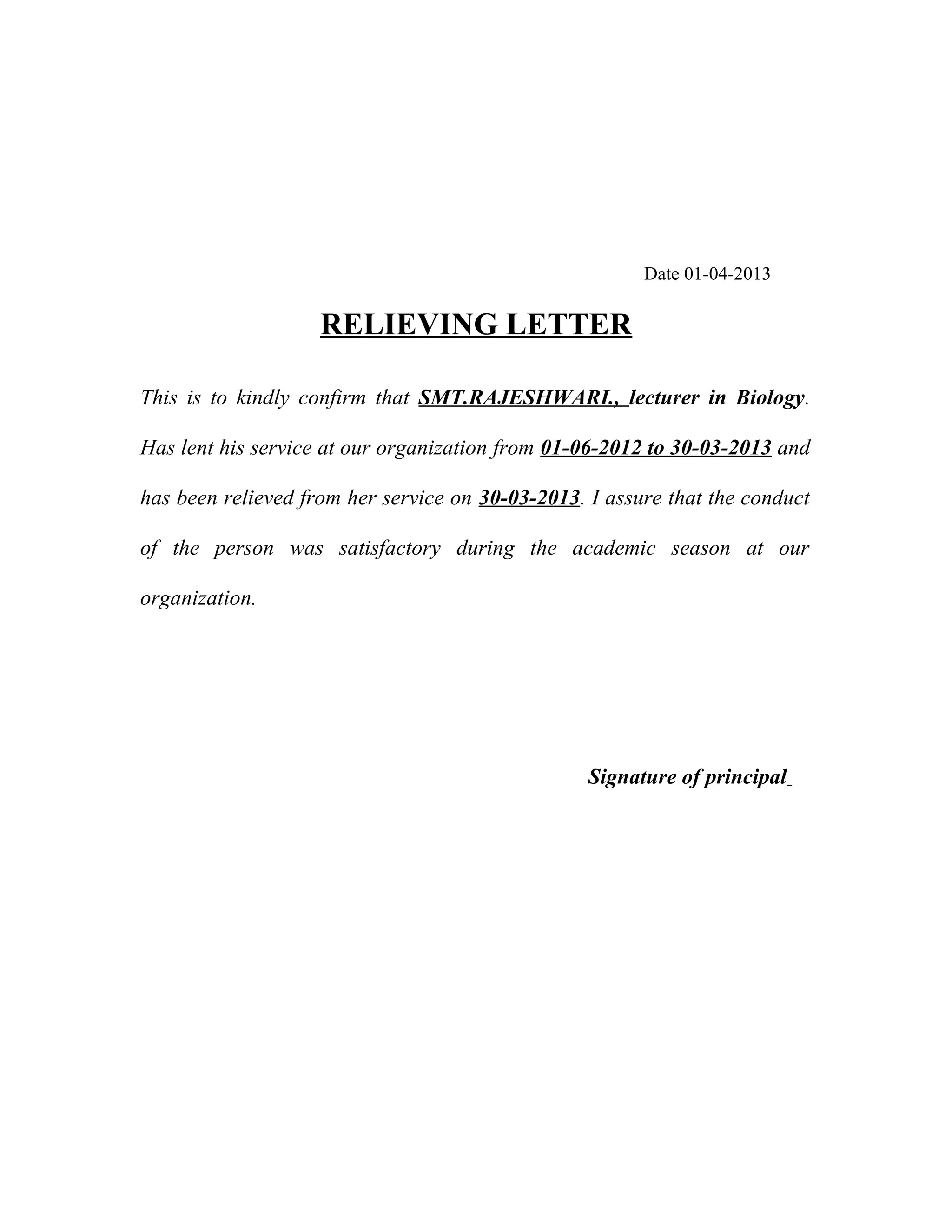 Relieving letters and format | DOC