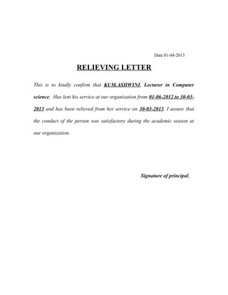 Relieving letters and format | DOC