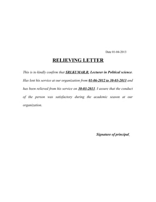 Relieving letters and format | DOC