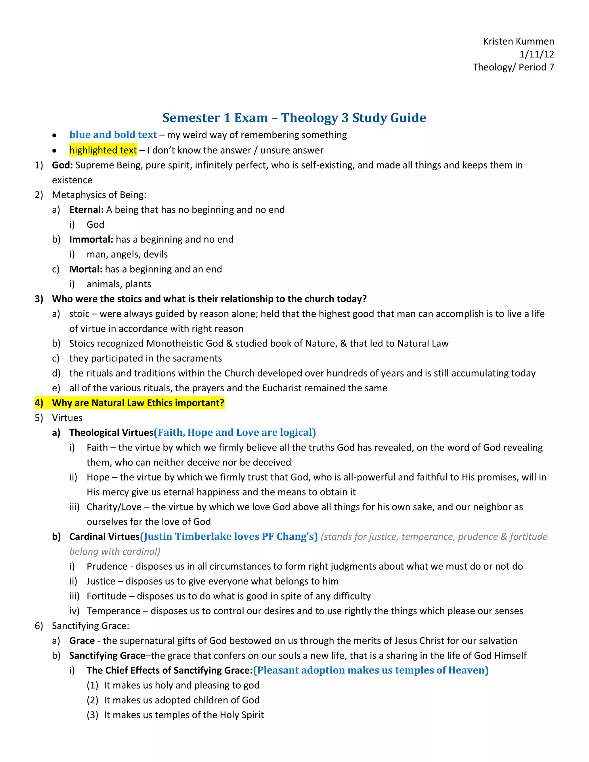 Religion 3 semester 1 final study guide | DOCX