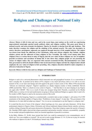 Religion and Challenges of National Unity | PDF